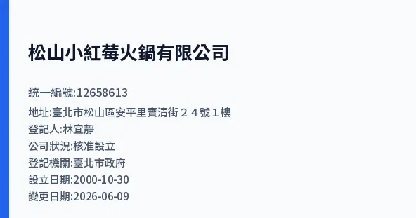 松山小紅莓火鍋有限公司的照片-統編 12658613(臺北市) 公司登記資料與營業項目詳細圖表