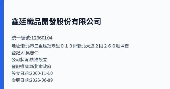 鑫廷織品開發股份有限公司的照片-統編 12660104(新北市) 公司登記資料與營業項目詳細圖表