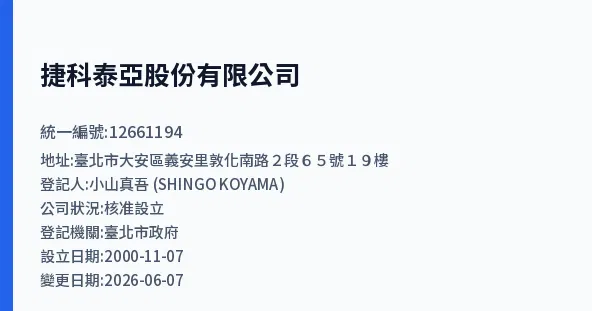 捷科泰亞股份有限公司的照片-統編 12661194(臺北市) 公司登記資料與營業項目詳細圖表