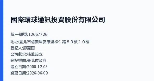 國際環球通訊投資股份有限公司的照片-統編 12667726(臺北市) 公司登記資料與營業項目詳細圖表
