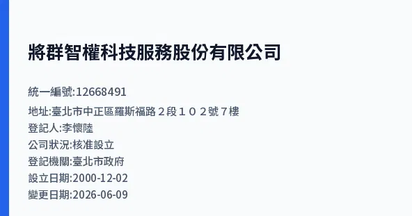 將群智權科技服務股份有限公司的照片-統編 12668491(臺北市) 公司登記資料與營業項目詳細圖表