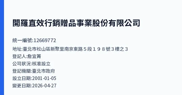 開羅直效行銷贈品事業股份有限公司的照片-統編 12669772(臺北市) 公司登記資料與營業項目詳細圖表