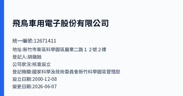 飛鳥車用電子股份有限公司的照片-統編 12671411(新竹市) 公司登記資料與營業項目詳細圖表
