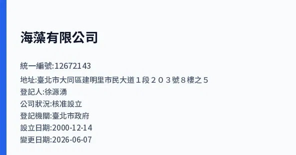 海藻有限公司的照片-統編 12672143(臺北市) 公司登記資料與營業項目詳細圖表