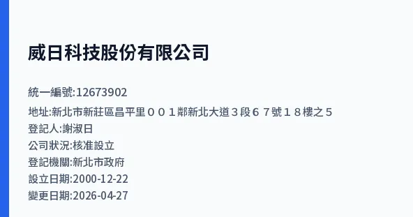 威日科技股份有限公司的照片-統編 12673902(新北市) 公司登記資料與營業項目詳細圖表