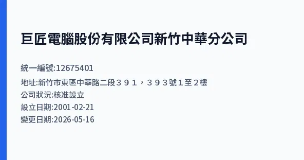 巨匠電腦股份有限公司新竹中華分公司的照片-統編 12675401(新竹市) 公司登記資料與營業項目詳細圖表