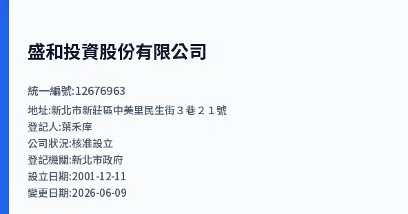 盛和投資股份有限公司的照片-統編 12676963(新北市) 公司登記資料與營業項目詳細圖表