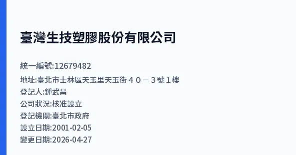 臺灣生技塑膠股份有限公司的照片-統編 12679482(臺北市) 公司登記資料與營業項目詳細圖表