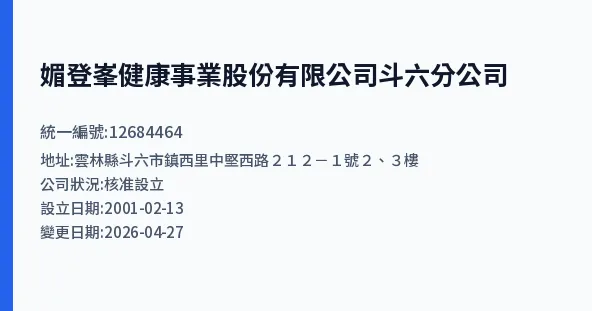 媚登峯健康事業股份有限公司斗六分公司的照片-統編 12684464(雲林縣) 公司登記資料與營業項目詳細圖表