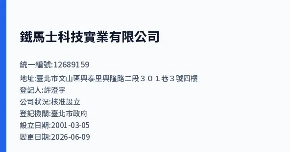 鐵馬士科技實業有限公司的照片-統編 12689159(臺北市) 公司登記資料與營業項目詳細圖表