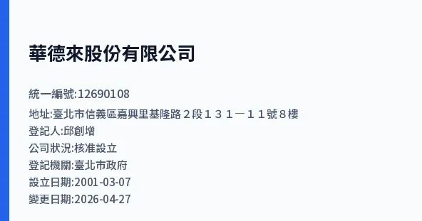 華德來股份有限公司的照片-統編 12690108(臺北市) 公司登記資料與營業項目詳細圖表