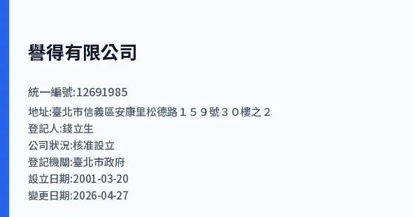 譽得有限公司的照片-統編 12691985(臺北市) 公司登記資料與營業項目詳細圖表