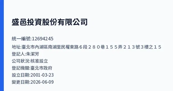 盛邑投資股份有限公司的照片-統編 12694245(臺北市) 公司登記資料與營業項目詳細圖表