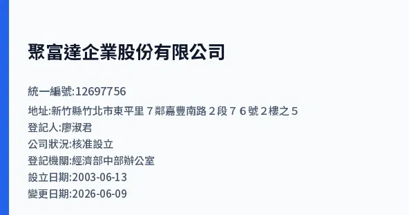聚富達企業股份有限公司的照片-統編 12697756(新竹縣) 公司登記資料與營業項目詳細圖表