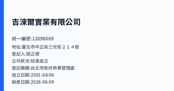 吉淶爾實業有限公司的照片-統編 12698869(臺北市) 公司登記資料與營業項目詳細圖表
