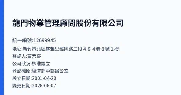龍門物業管理顧問股份有限公司的照片-統編 12699945(新竹市) 公司登記資料與營業項目詳細圖表
