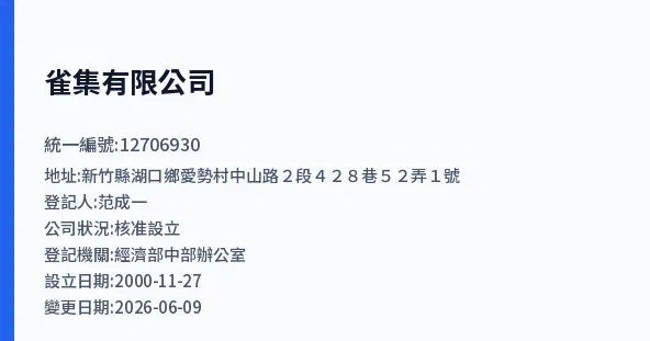 雀集有限公司的照片-統編 12706930(新竹縣) 公司登記資料與營業項目詳細圖表