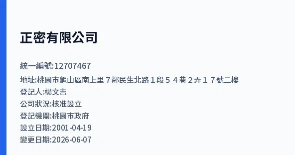 正密有限公司的照片-統編 12707467(桃園市) 公司登記資料與營業項目詳細圖表