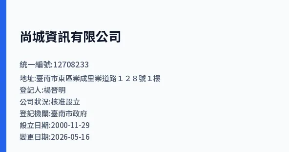 尚城資訊有限公司的照片-統編 12708233(臺南市) 公司登記資料與營業項目詳細圖表
