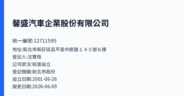 馨盛汽車企業股份有限公司的照片-統編 12711595(新北市) 公司登記資料與營業項目詳細圖表