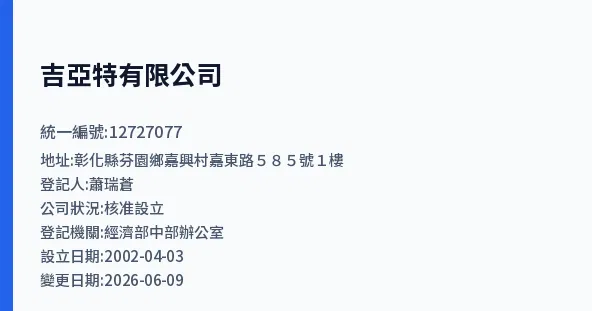 吉亞特有限公司的照片-統編 12727077(彰化縣) 公司登記資料與營業項目詳細圖表