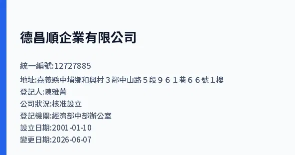 德昌順企業有限公司的照片-統編 12727885(嘉義縣) 公司登記資料與營業項目詳細圖表