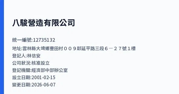 八駿營造有限公司的照片-統編 12735132(雲林縣) 公司登記資料與營業項目詳細圖表