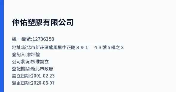 仲佑塑膠有限公司的照片-統編 12736358(新北市) 公司登記資料與營業項目詳細圖表