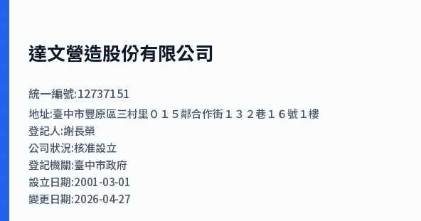 達文營造股份有限公司的照片-統編 12737151(臺中市) 公司登記資料與營業項目詳細圖表