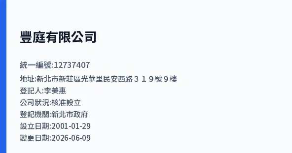 豐庭有限公司的照片-統編 12737407(新北市) 公司登記資料與營業項目詳細圖表