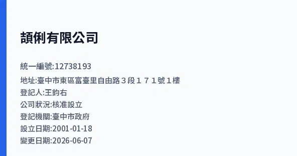 頡俐有限公司的照片-統編 12738193(臺中市) 公司登記資料與營業項目詳細圖表