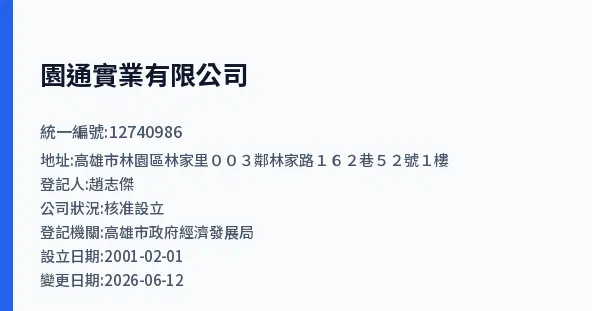 園通實業有限公司的照片-統編 12740986(高雄市) 公司登記資料與營業項目詳細圖表