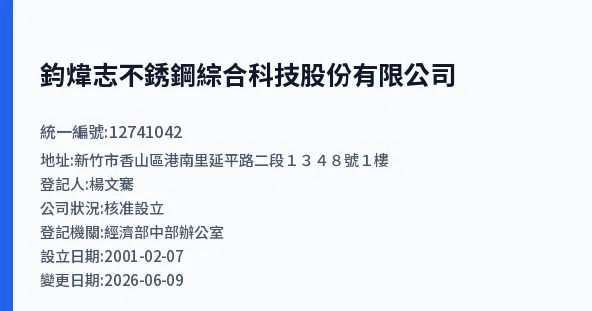鈞煒志不銹鋼綜合科技股份有限公司的照片-統編 12741042(新竹市) 公司登記資料與營業項目詳細圖表