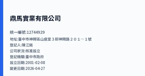 鼎馬實業有限公司的照片-統編 12744929(臺中市) 公司登記資料與營業項目詳細圖表