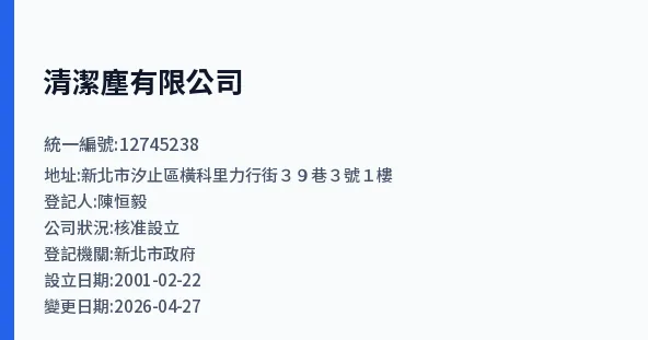 清潔塵有限公司的照片-統編 12745238(新北市) 公司登記資料與營業項目詳細圖表