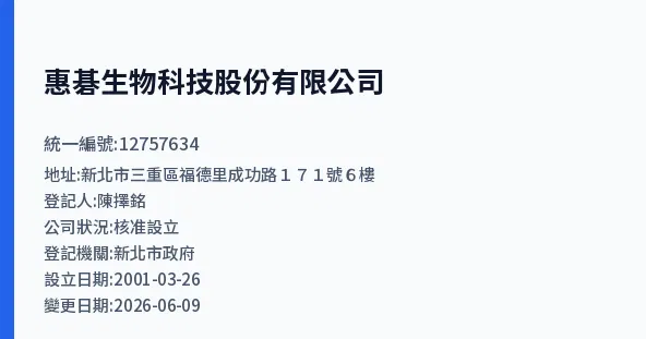惠碁生物科技股份有限公司的照片-統編 12757634(新北市) 公司登記資料與營業項目詳細圖表