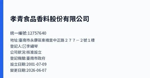 孝青食品香料股份有限公司的照片-統編 12757640(臺南市) 公司登記資料與營業項目詳細圖表