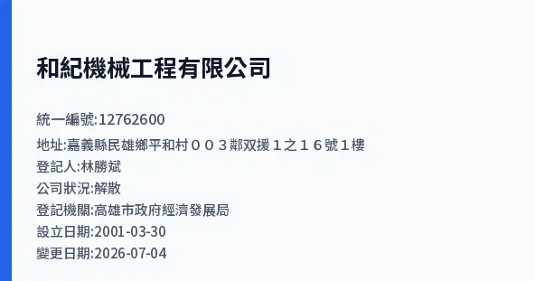 和紀機械工程有限公司的照片-統編 12762600(嘉義縣) 公司登記資料與營業項目詳細圖表