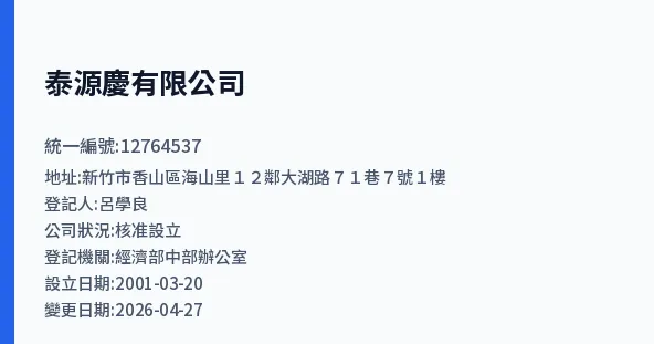泰源慶有限公司的照片-統編 12764537(新竹市) 公司登記資料與營業項目詳細圖表
