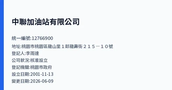 中聯加油站有限公司的照片-統編 12766900(桃園市) 公司登記資料與營業項目詳細圖表