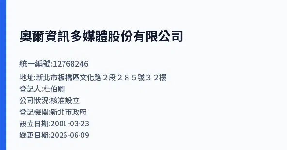 奧爾資訊多媒體股份有限公司的照片-統編 12768246(新北市) 公司登記資料與營業項目詳細圖表