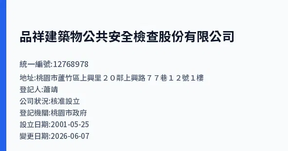 品祥建築物公共安全檢查股份有限公司的照片-統編 12768978(桃園市) 公司登記資料與營業項目詳細圖表