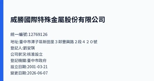 威勝國際特殊金屬股份有限公司的照片-統編 12769126(臺中市) 公司登記資料與營業項目詳細圖表