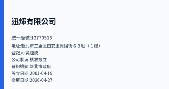迅煇有限公司的照片-統編 12770518(新北市) 公司登記資料與營業項目詳細圖表