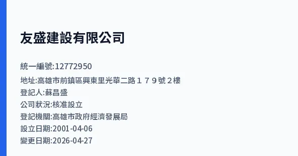 友盛建設有限公司的照片-統編 12772950(高雄市) 公司登記資料與營業項目詳細圖表