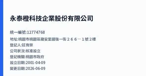 永泰橙科技企業股份有限公司的照片-統編 12774768(桃園市) 公司登記資料與營業項目詳細圖表