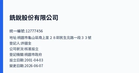 銑銳股份有限公司的照片-統編 12777456(桃園市) 公司登記資料與營業項目詳細圖表
