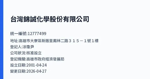 台灣錦誠化學股份有限公司的照片-統編 12777499(高雄市) 公司登記資料與營業項目詳細圖表