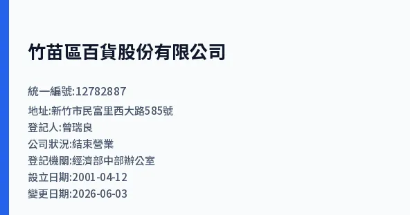 竹苗區百貨股份有限公司的照片-統編 12782887(新竹縣) 公司登記資料與營業項目詳細圖表