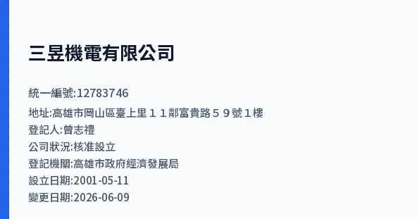 三昱機電有限公司的照片-統編 12783746(高雄市) 公司登記資料與營業項目詳細圖表